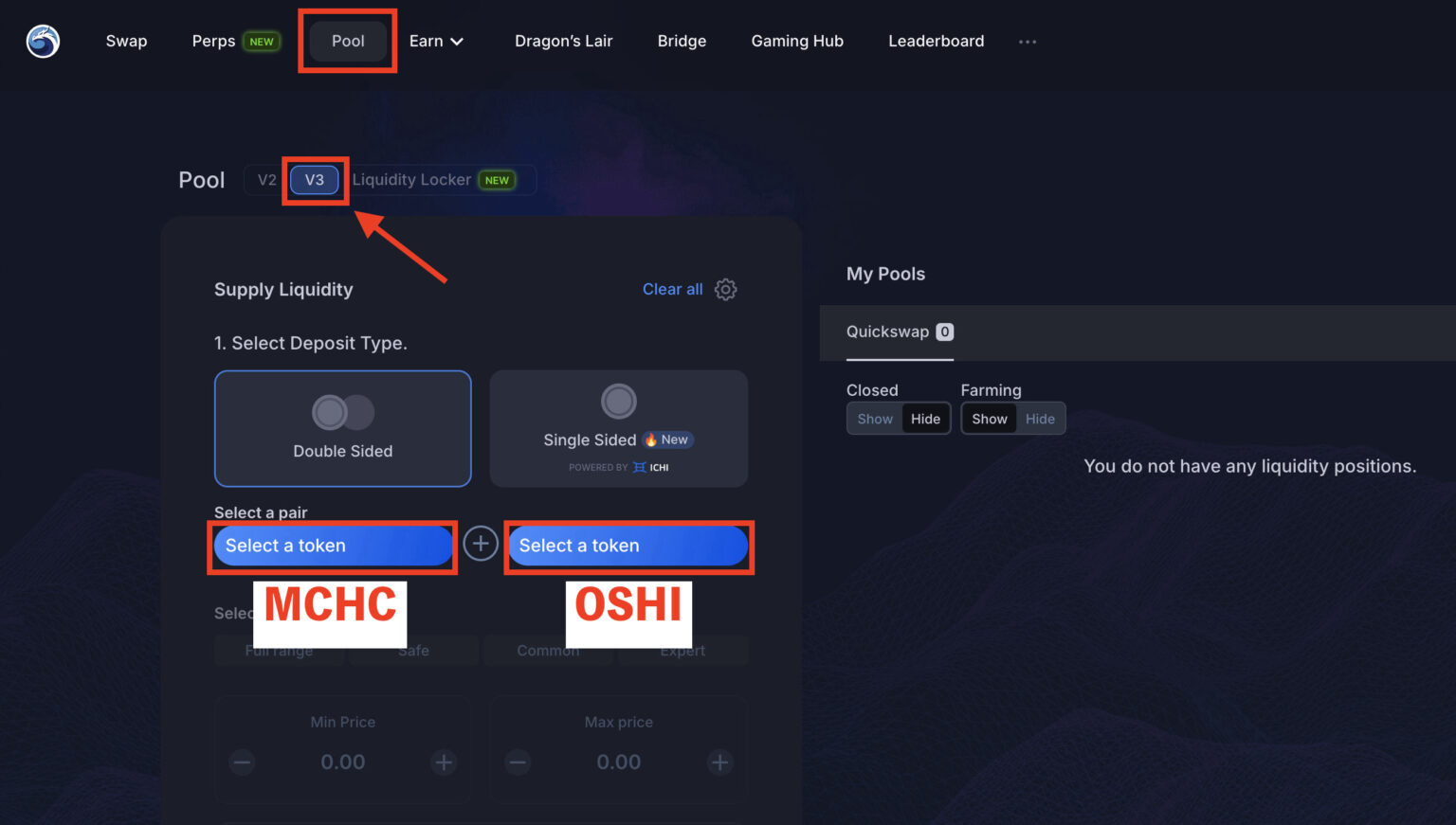 【QuickSwap】クイックスワップV3の使い方。MCHC/OSHIペアの流動性を提供し報酬を得る手順【BITPOINT】 | CosmoCrypto