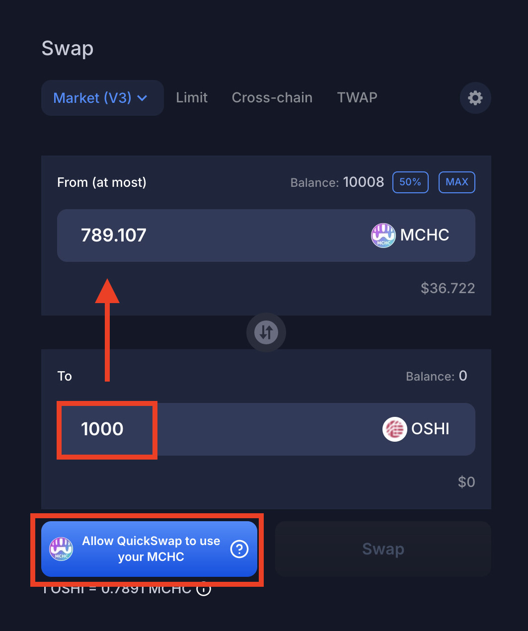 【QuickSwap】クイックスワップV3の使い方。MCHC/OSHIペアの流動性を提供し報酬を得る手順【BITPOINT】 | CosmoCrypto